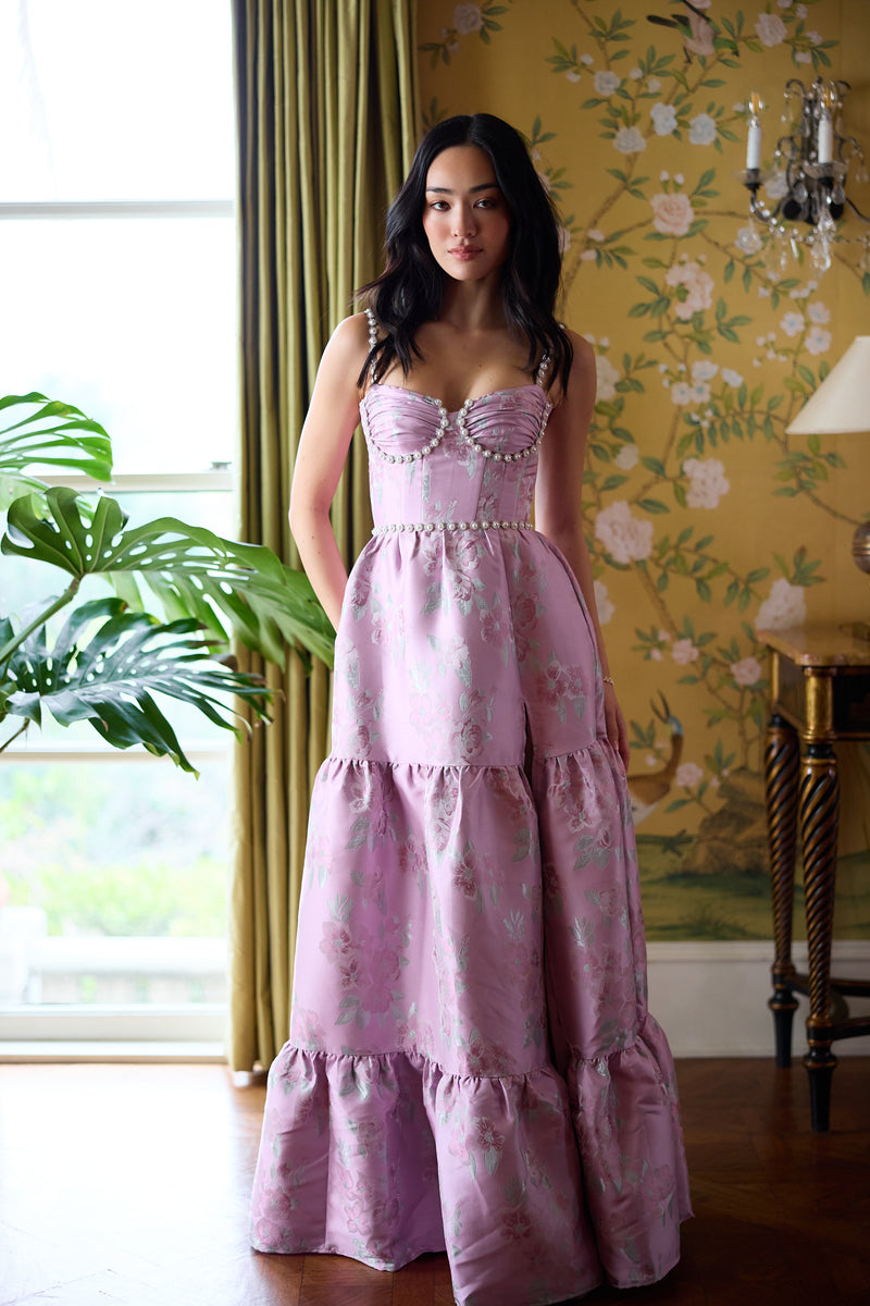 The Lucetta Dress in Orchid Baroque Floral – V. Chapman